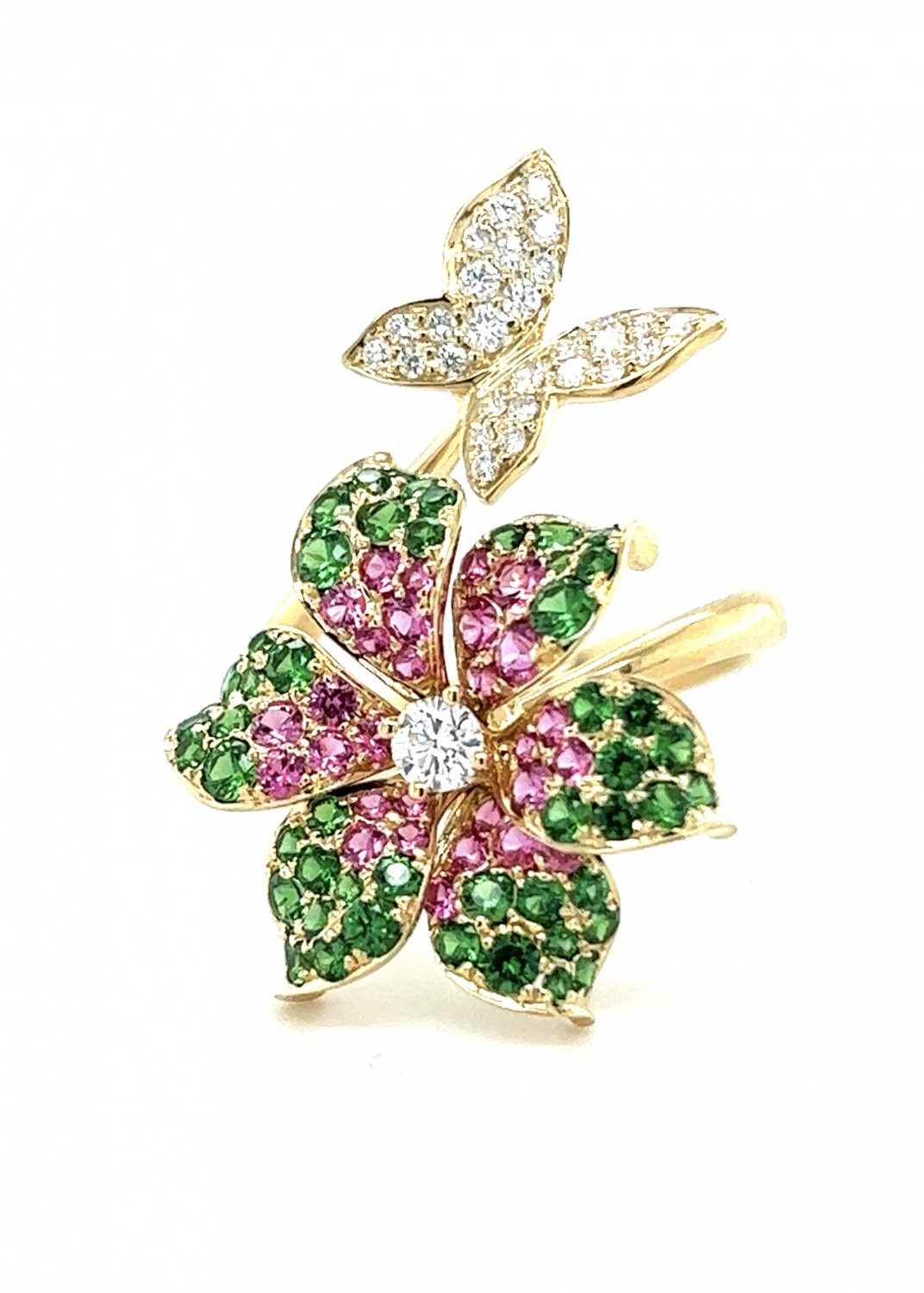 Lisa Nik: Green Tsavorite & Pink Sapphire Butterfly Flower Ring